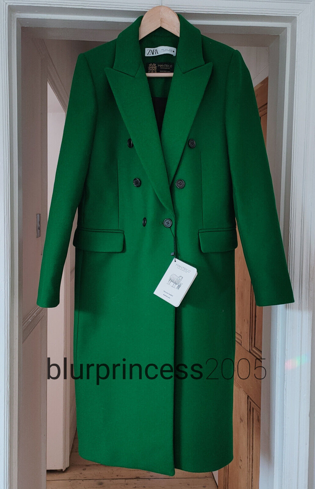 ZARA Wool Coat XS Long Green Blend Double Breasted Tailored ZARA Wool Coat XS Long Green Blend Double Breasted Tailored