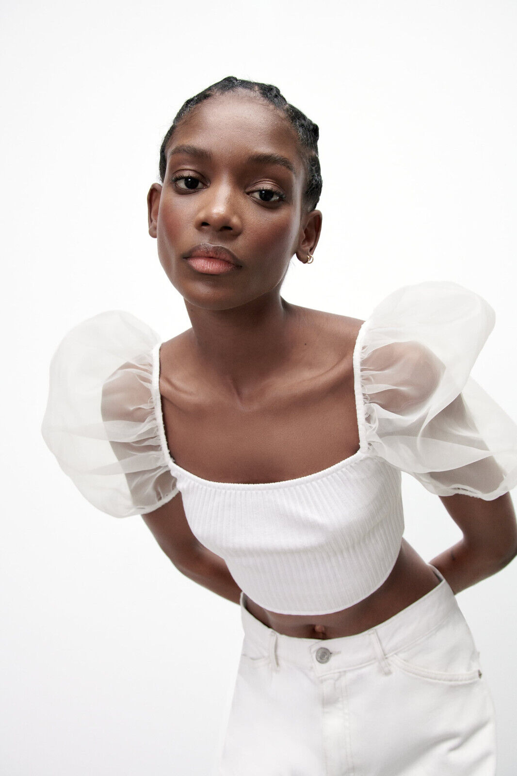 ZARA COMBINED ORGANZA TOP WHITE CROP CROPPED PUFF SLEEVE M ZARA COMBINED ORGANZA TOP WHITE CROP CROPPED PUFF SLEEVE M
