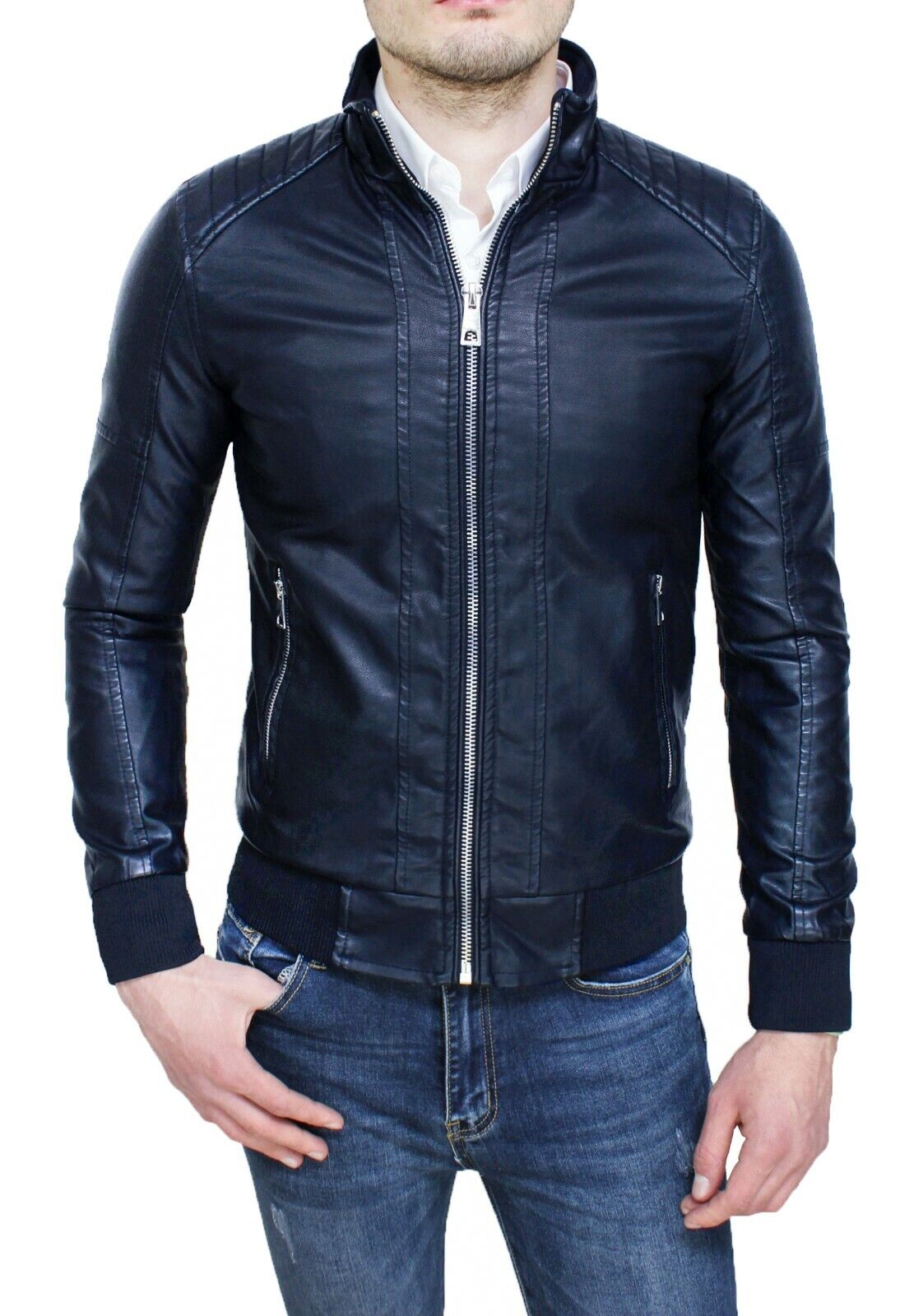 Giacca giubbotto uomo in ecopelle casual blu scuro slim fit giubbino ... Giacca giubbotto uomo in ecopelle casual blu scuro slim fit giubbino ...