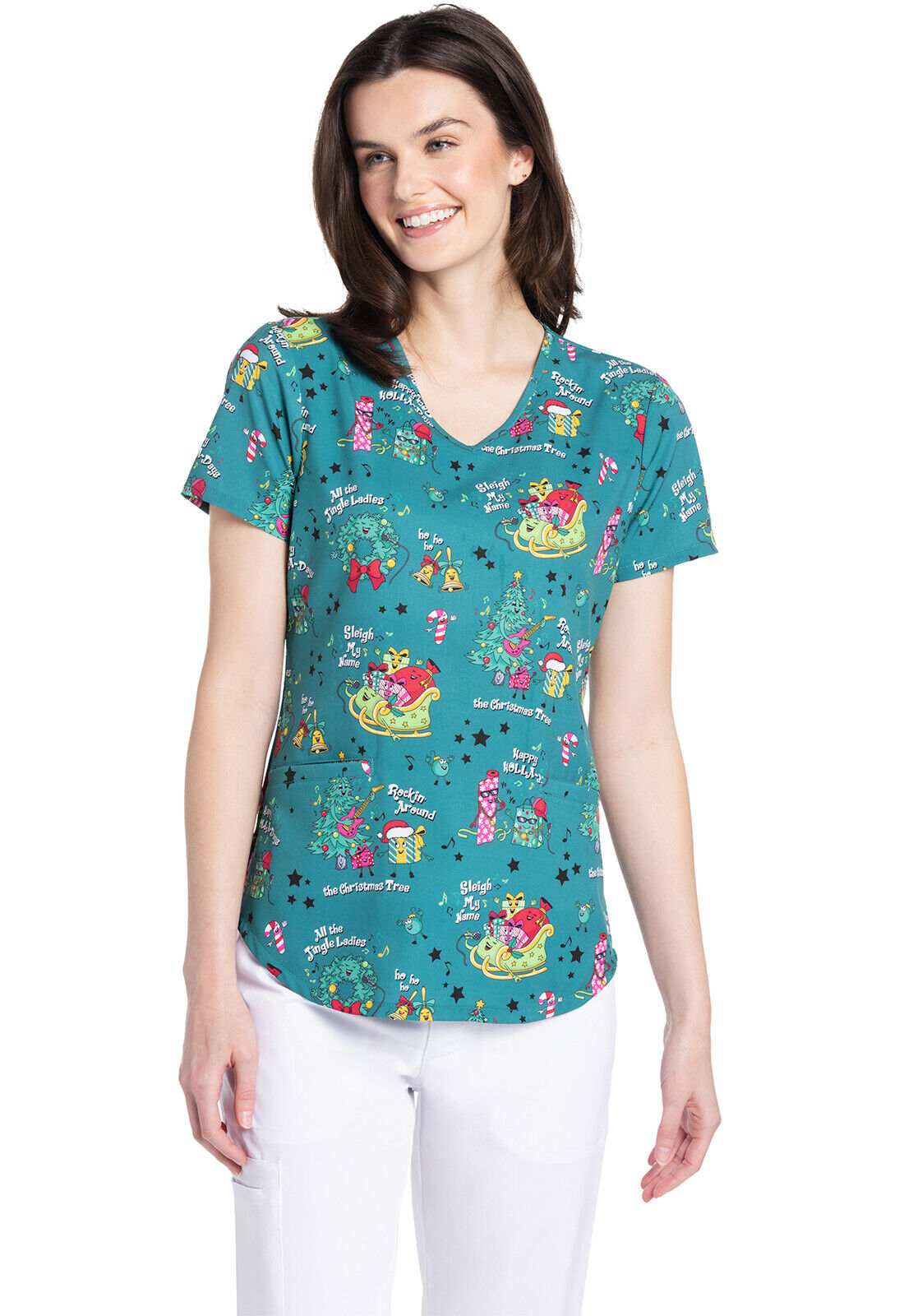 Sleigh My Name Cherokee Scrubs Christmas V Neck Top CK637 Sleigh My Name Cherokee Scrubs Christmas V Neck Top CK637