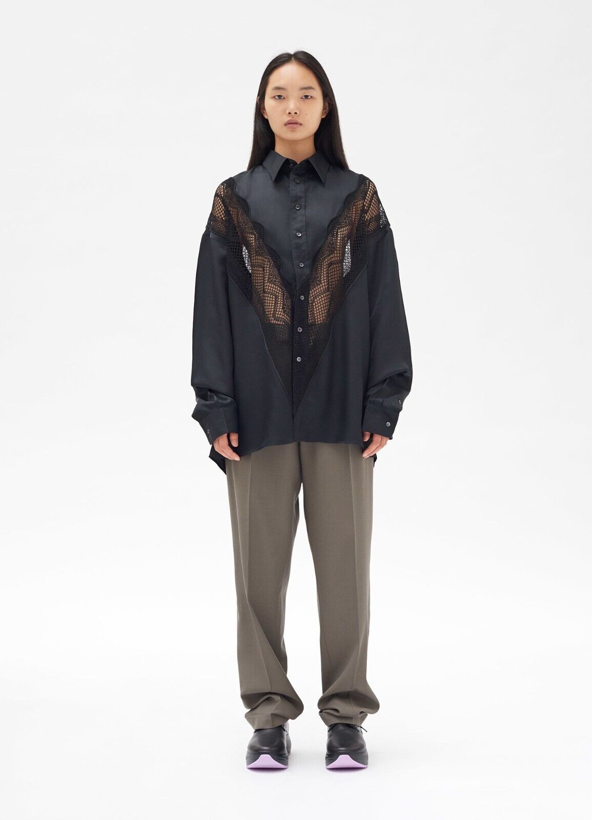 CÉLINE Old Celine Spring 2018 Black Viscose Lace Tunic Shirt CÉLINE Old Celine Spring 2018 Black Viscose Lace Tunic Shirt