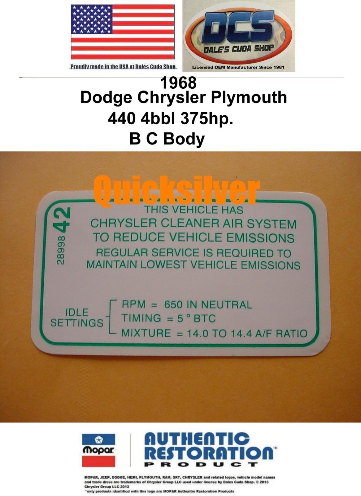 1968 Dodge Chrysler Plymouth 440 4bbl Auto Trans Emissions Decal ...