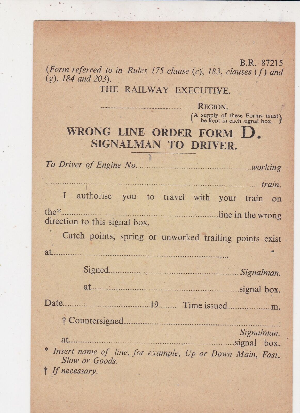 Railway Exec. Wrong Line Order Form D. Signalman to Driver Blank Form ...