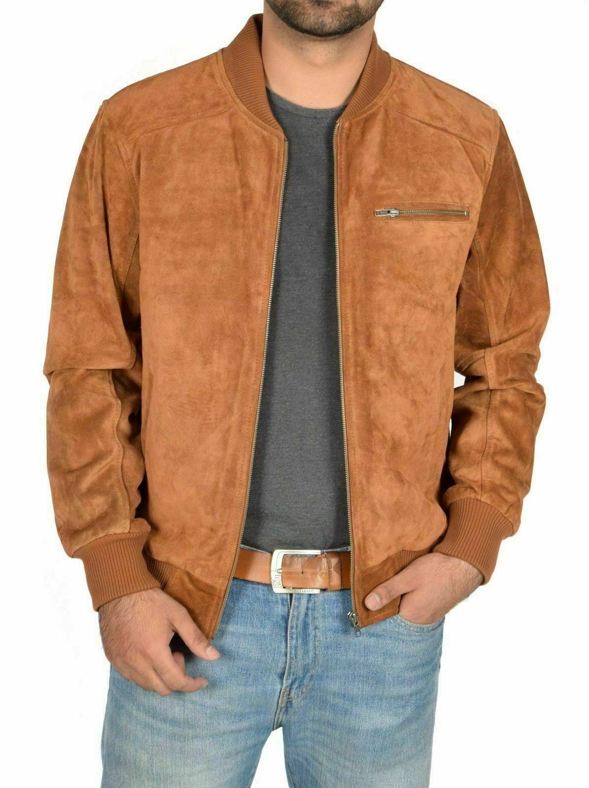 Men's Tan Vintage Suede Leather Jacket 100% Genuine Bomber Men's Tan Vintage Suede Leather Jacket 100% Genuine Bomber