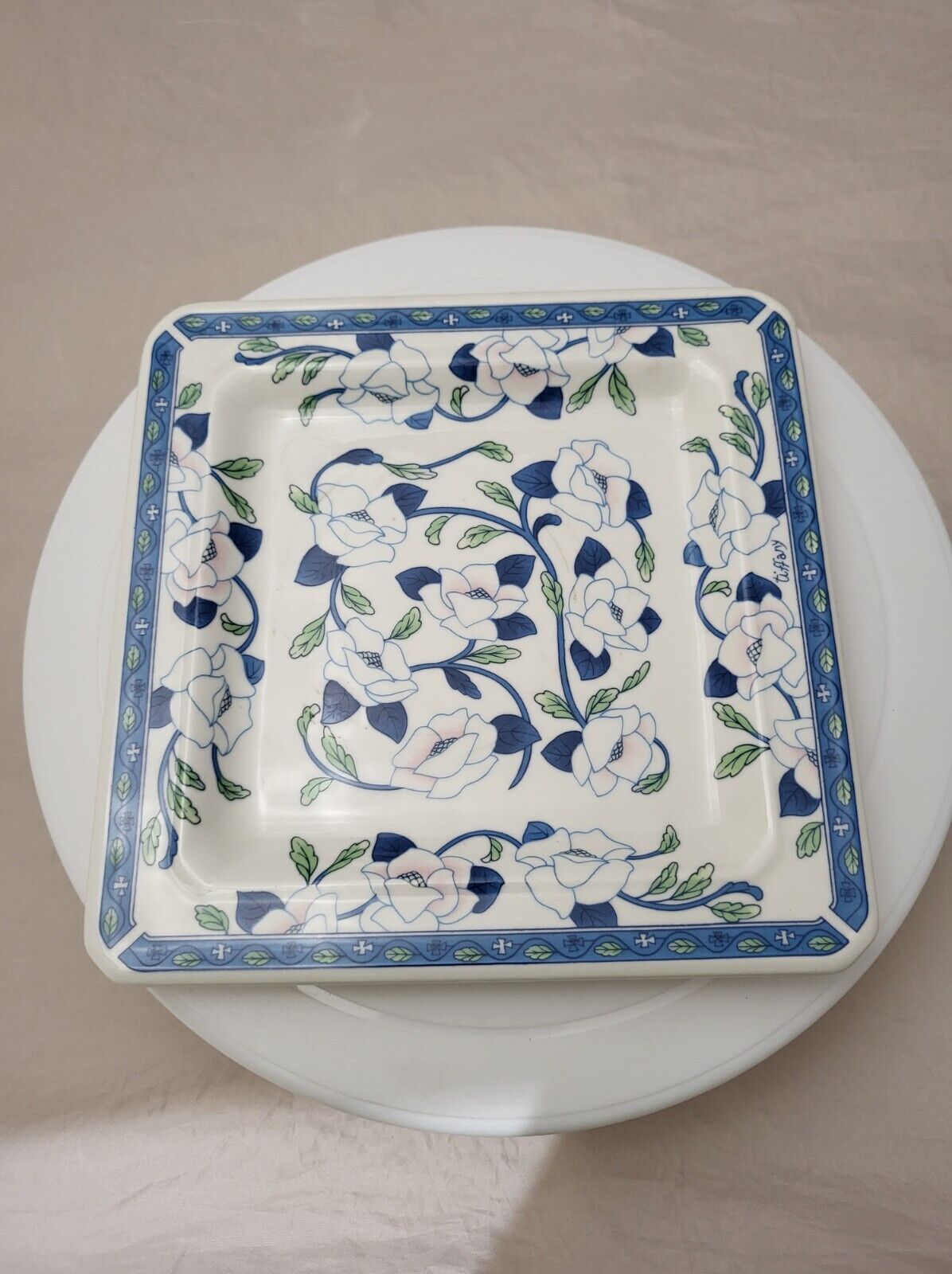 Vtg Tiffany Boutique Blue & White Flowers Square Plate Italy Vtg Tiffany Boutique Blue & White Flowers Square Plate Italy