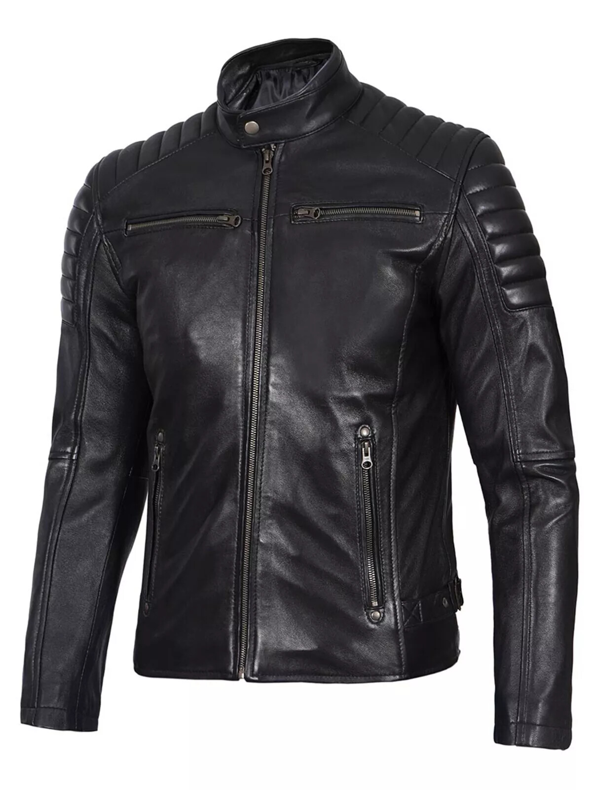 Купить Quilted Slim Motorcycle Biker Jacket Black Genuine Sheepskin Leather (Пальто , Куртки ...