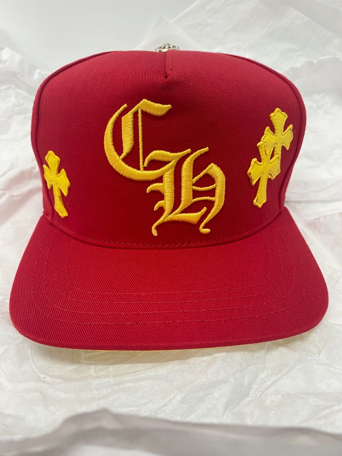Chrome Hearts Leather Cross Patch Hat Red/Yellow NEW 100 Chrome Hearts Leather Cross Patch Hat Red/Yellow NEW 100
