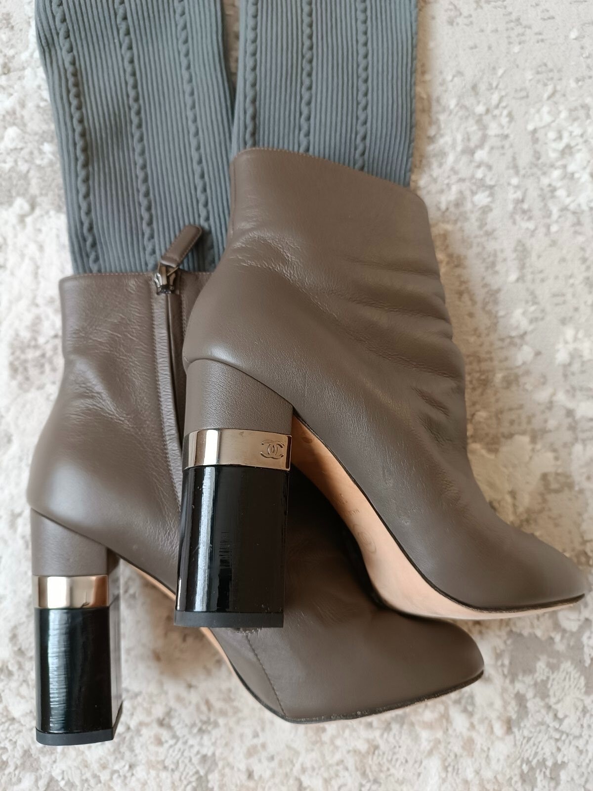 Chanel kangaroo grey leather knit sock boots with CC logo Chanel kangaroo grey leather knit sock boots with CC logo