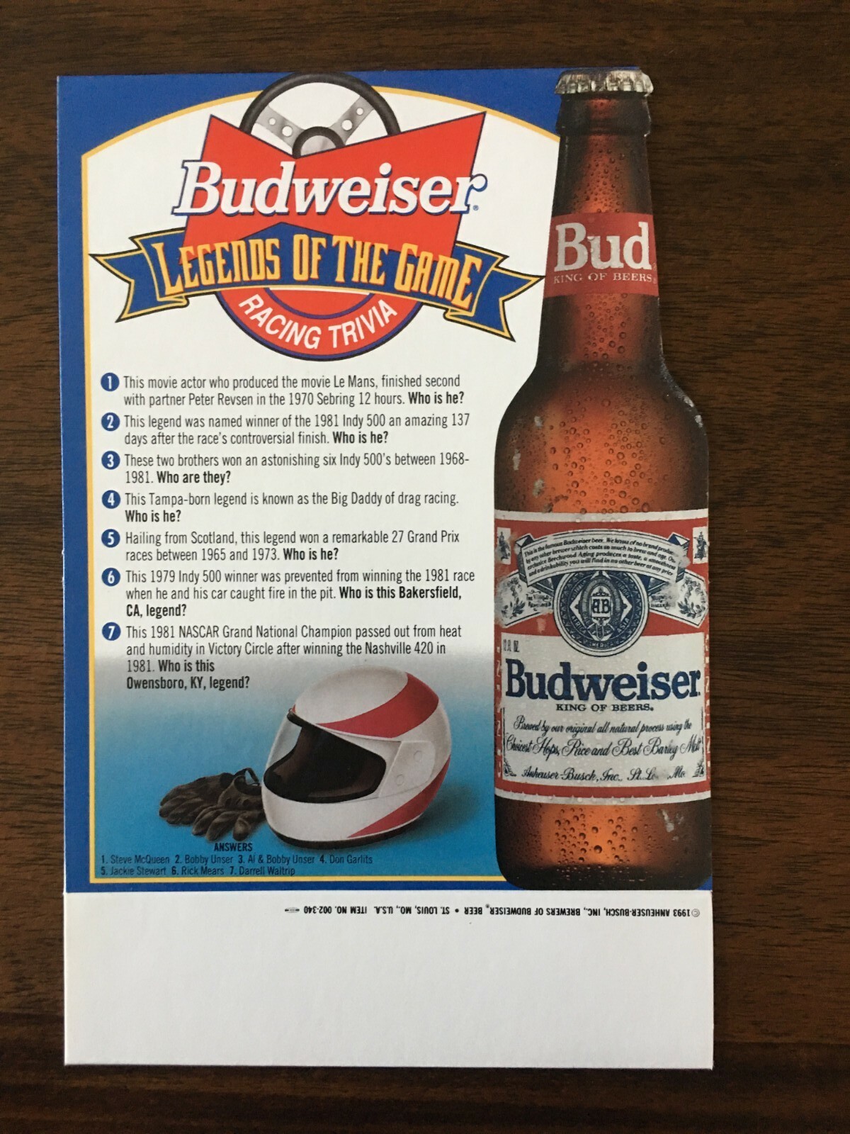 1993 Budweiser Racing Trivia bar table tent Formul