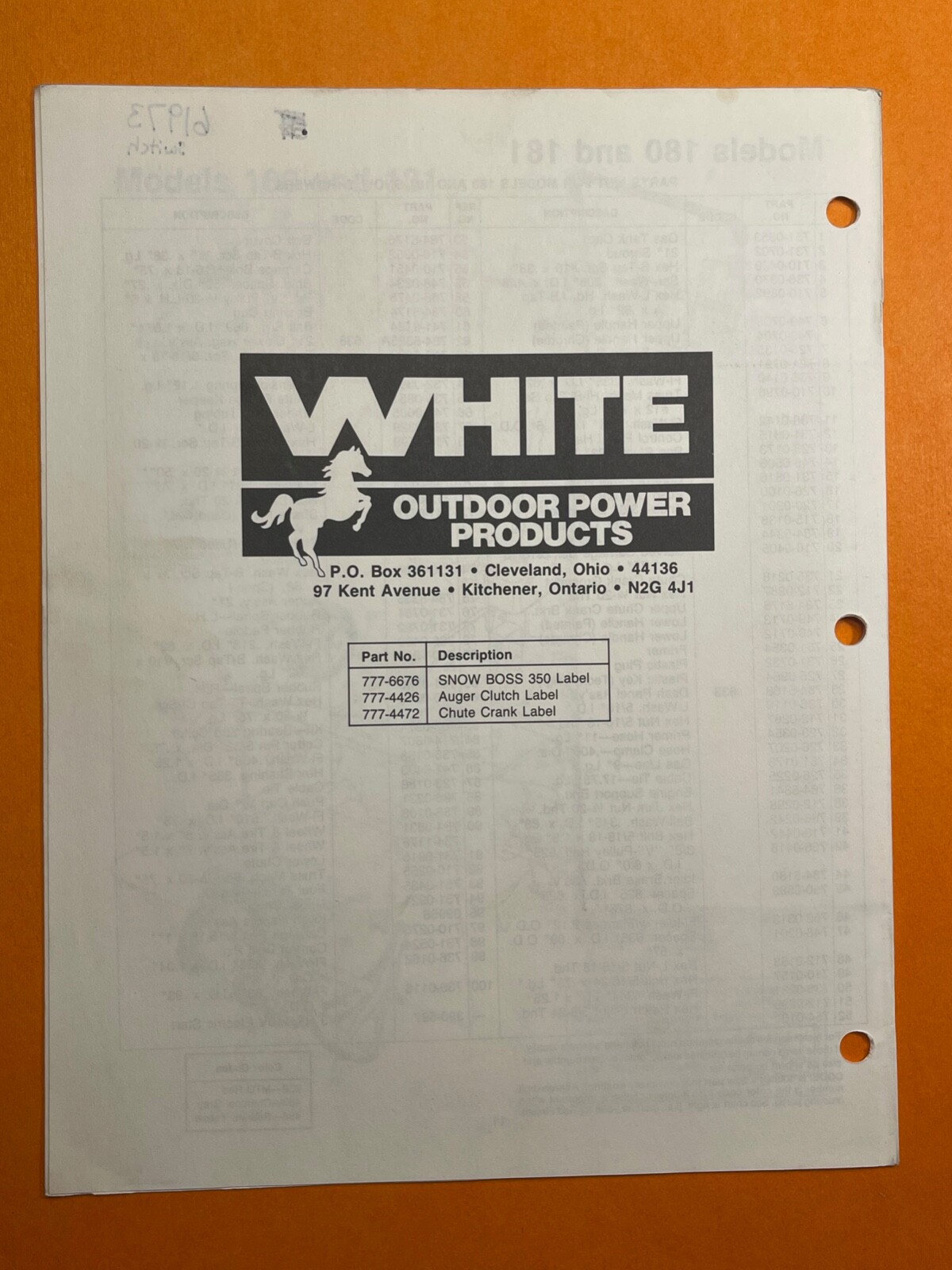 's Manual | White Outdoor Products Snow Boss 350 181 Snow Blower