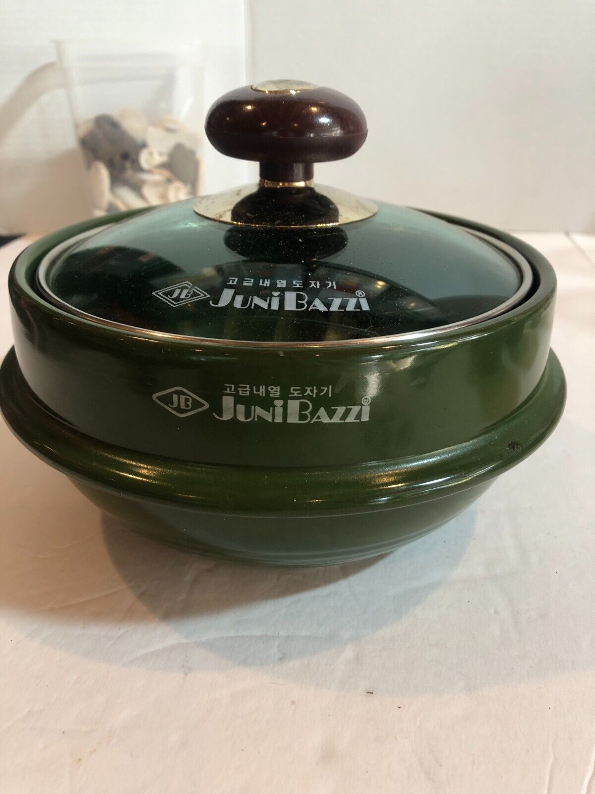 VINTAGE Juni Bazzi Korean 7” Green Cooking Bowl with Glass VINTAGE Juni Bazzi Korean 7” Green Cooking Bowl with Glass