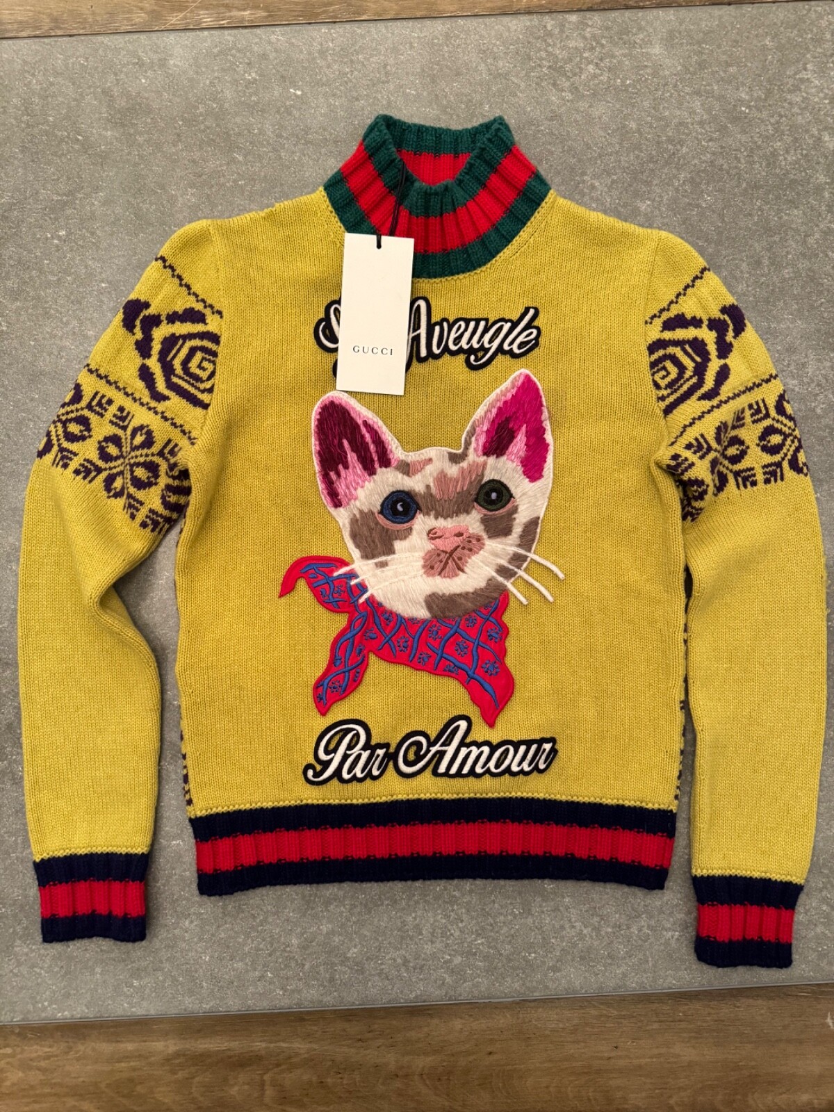 GUCCI Cat Appliquéd Yellow Wool Web Striped Sweater Size Xs GUCCI Cat Appliquéd Yellow Wool Web Striped Sweater Size Xs