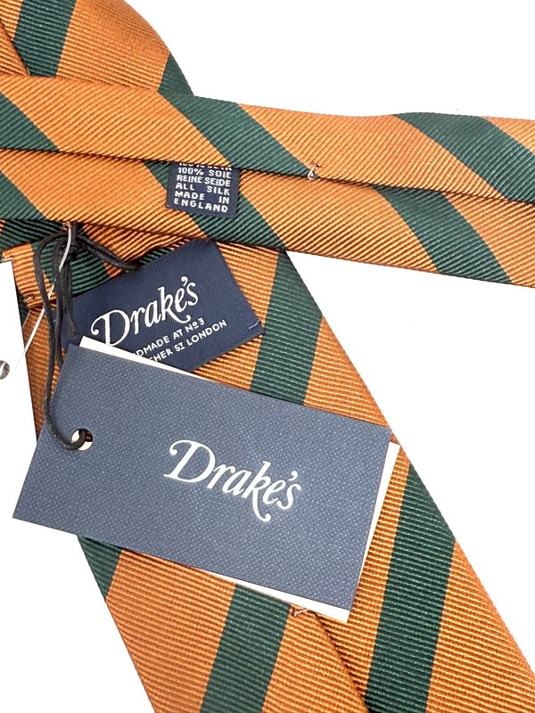 NWT Drakes Made in England Amber Copper Green Single Repp Stripe Silk ...