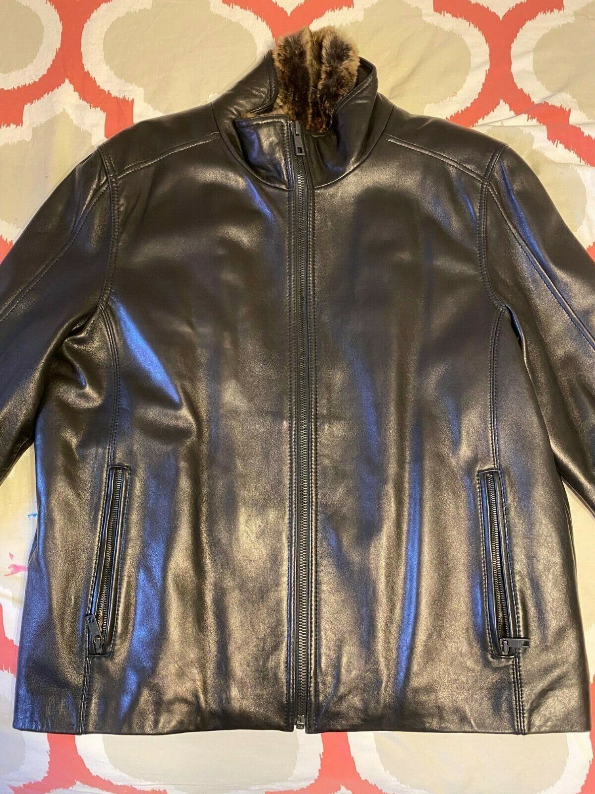 Andrew Marc Men's Leather Jacket Sz XL Rabbit Fur Lined Full Andrew Marc Men's Leather Jacket Sz XL Rabbit Fur Lined Full
