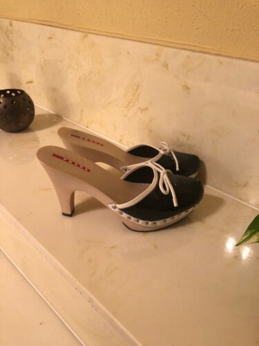 PRADA - Black White Patent Leather Studded Wood Platform PRADA - Black White Patent Leather Studded Wood Platform