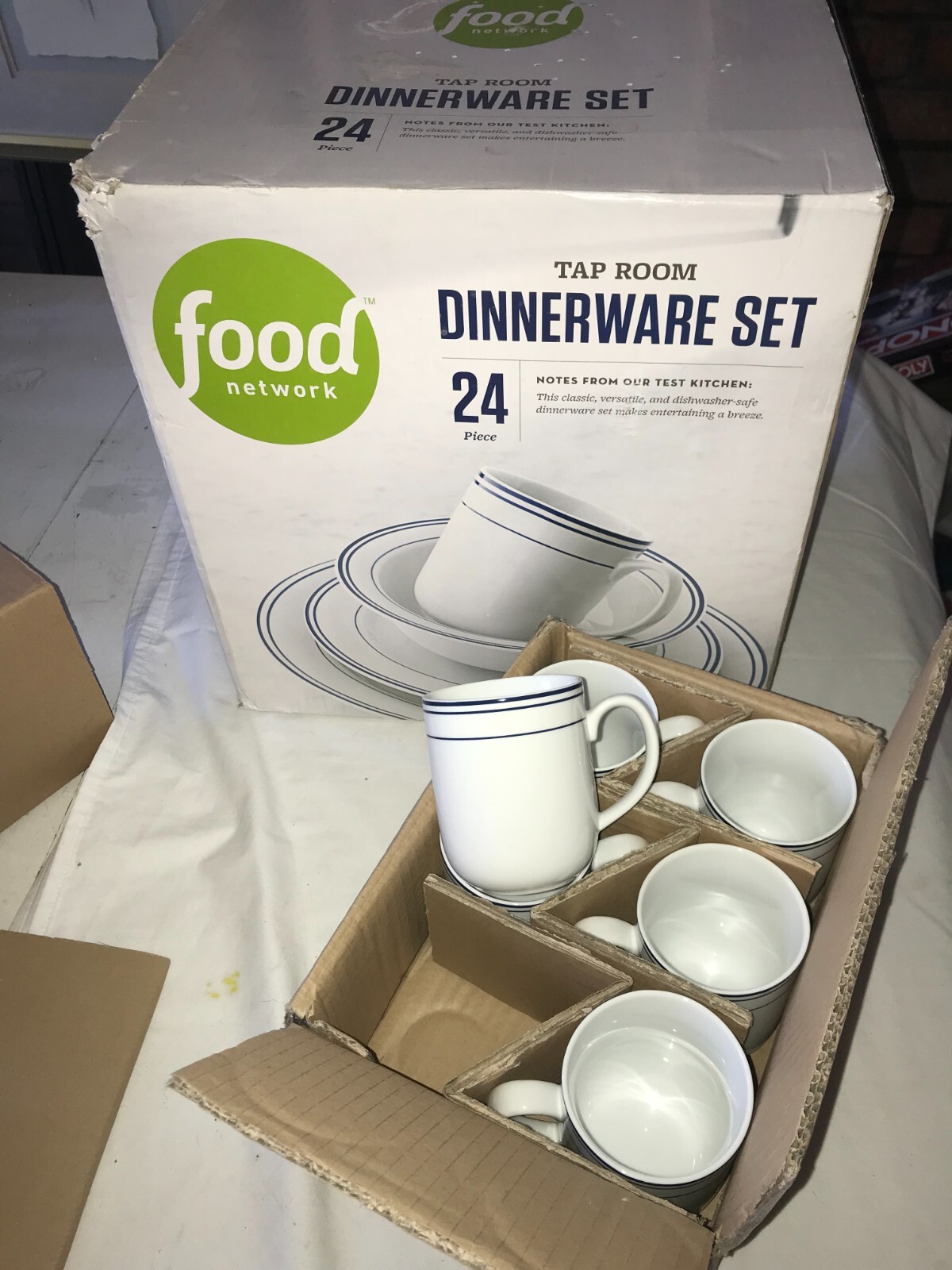 24pc FOOD NETWORK Dinnerware Set TAP ROOM Blue Stripe PORCELAIN 6 Place Settings eBay