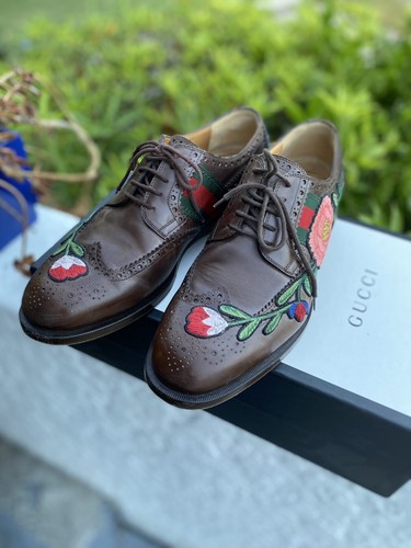 Gucci Men's Floral Wingtips Lace-Up Brogues , Brown , 8 US Gucci Men's Floral Wingtips Lace-Up Brogues , Brown , 8 US