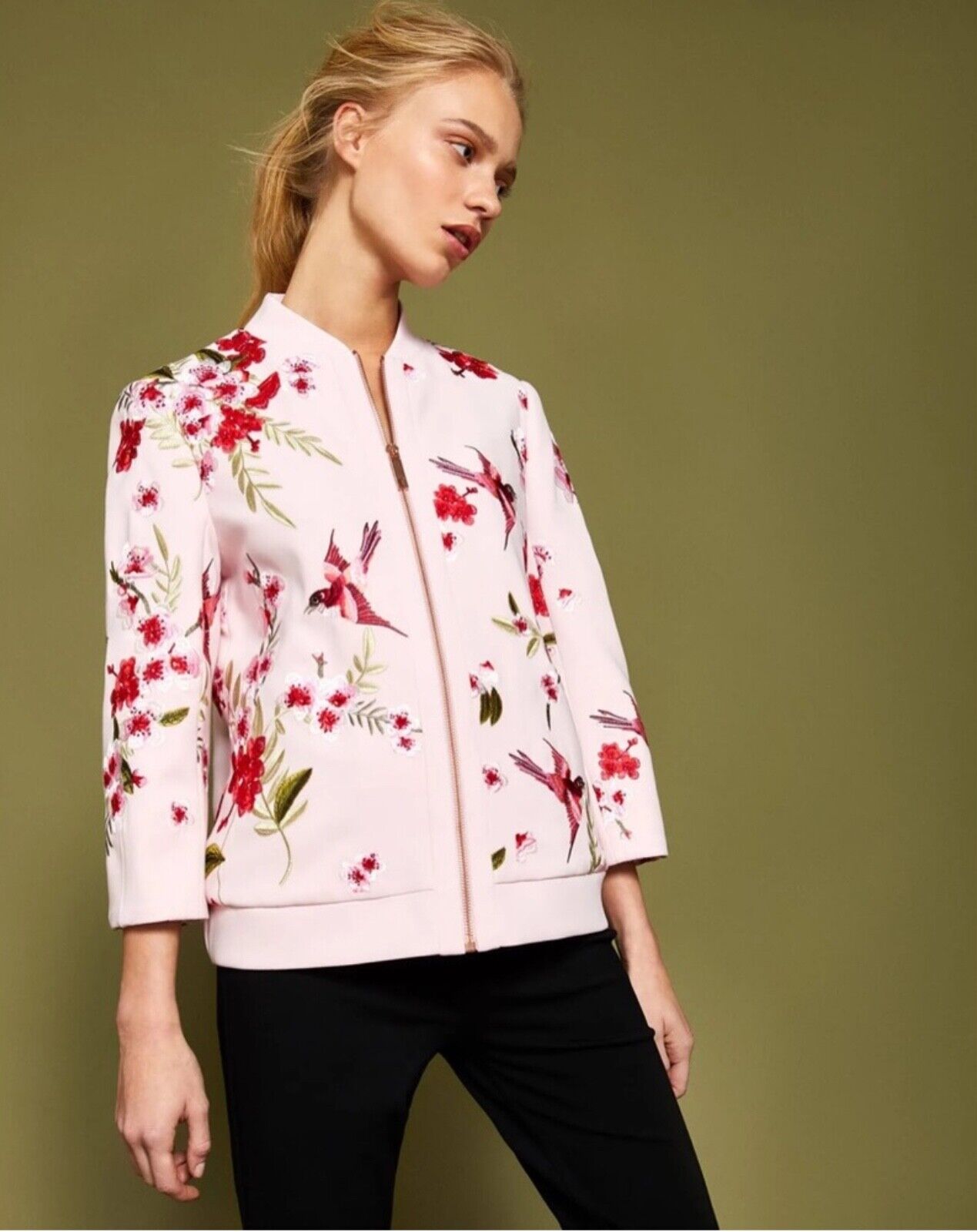 TED BAKER LEELAH Soft Blossom Bomber Jacket Embroidered TED BAKER LEELAH Soft Blossom Bomber Jacket Embroidered