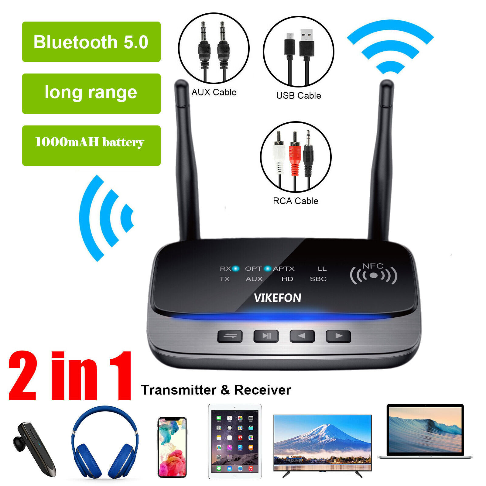 VIKEFON 262ft Long Range 5.0 BT Audio Transmitter