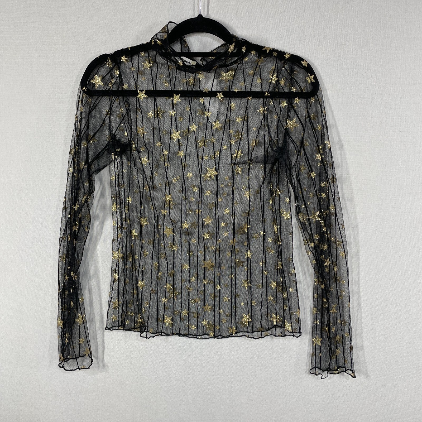 Lirika Matoshi Top Women S Black Sheer Tulle Stars Mock Neck Lirika Matoshi Top Women S Black Sheer Tulle Stars Mock Neck
