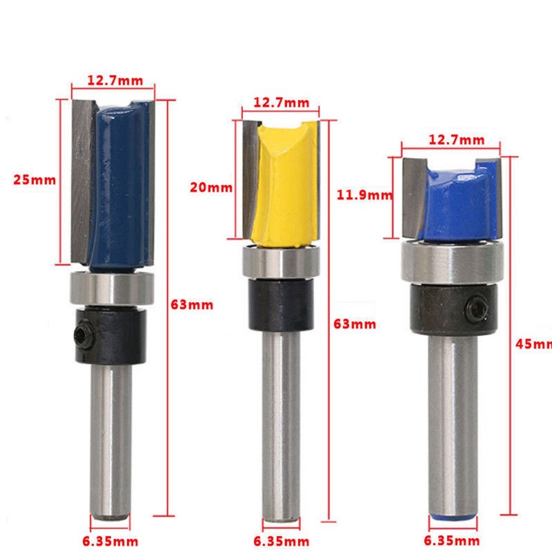 3Pcs 1/4'' Shank Top Bearing Flush Trim Pattern Router Bit Set Milling ...