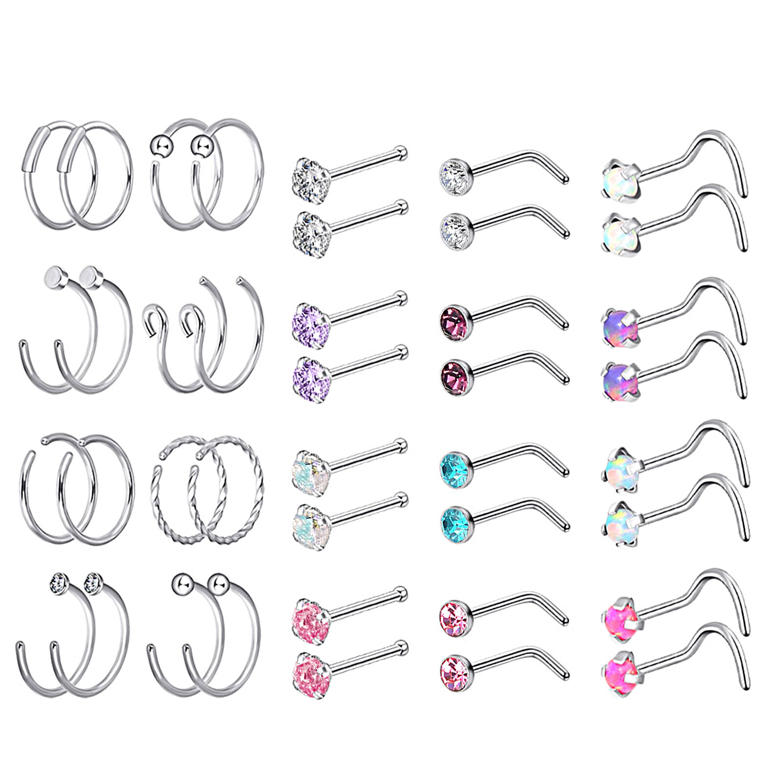 16Pc Nose Ring Hoop Screw Septum Ring C-Shape Nostril Pin Bone Stud ...