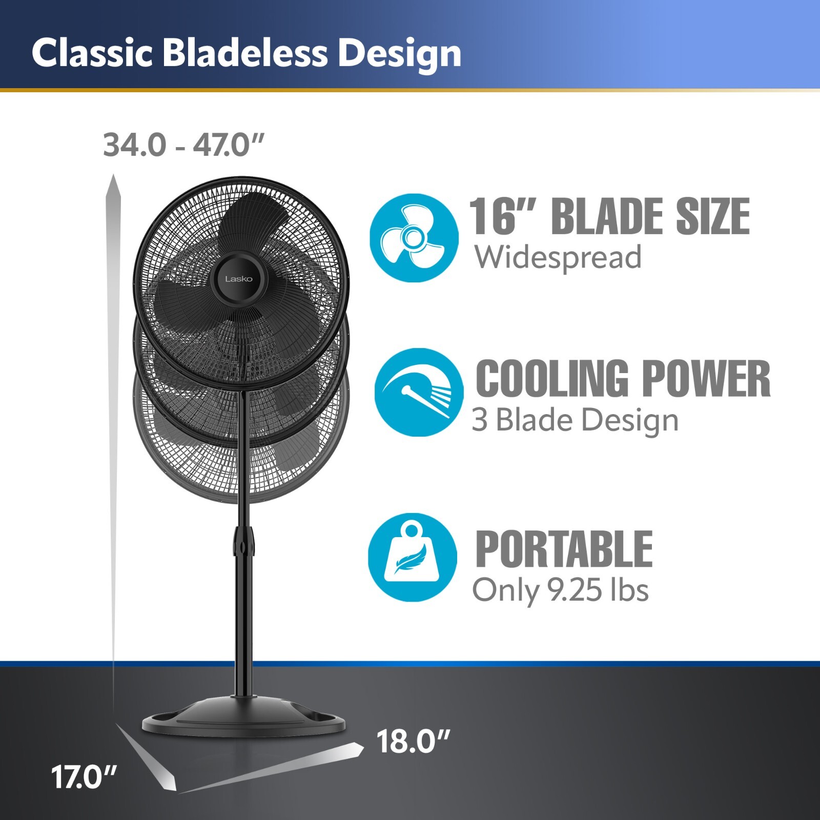Lasko 16" Oscillating Adjustable Pedestal Fan with 3-Speeds, 47" H, Bl | Pricetronic