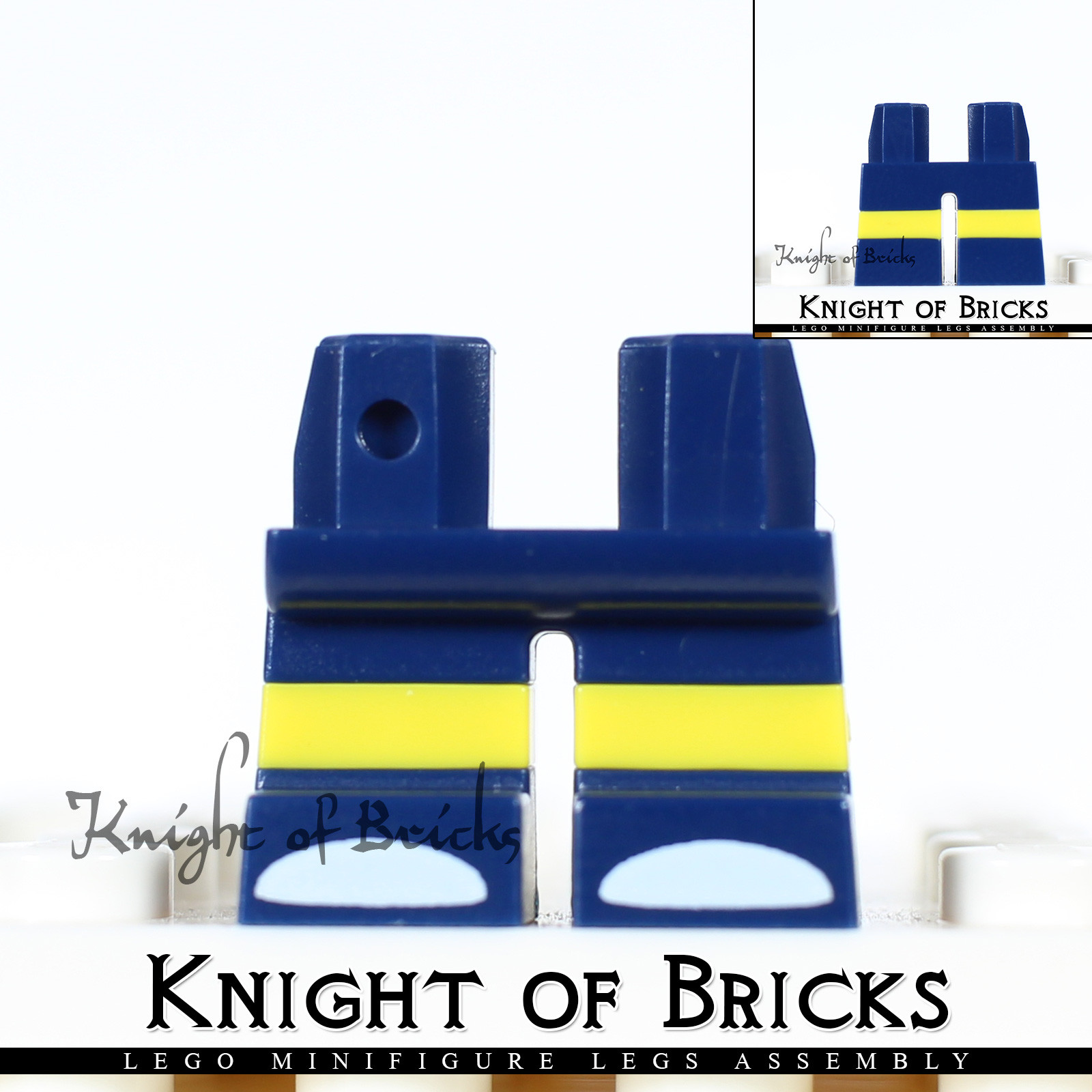 LEGO Minifigure Legs DARK BLUE Short Hips Horizontal YELLOW Stripes ...