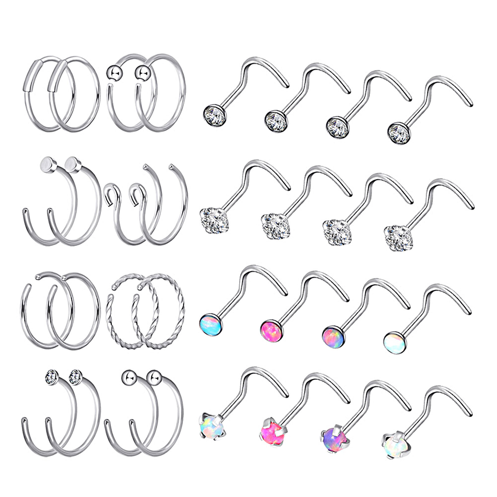 16Pc Nose Ring Hoop Screw Septum Ring C-Shape Nostril Pin Bone Stud ...