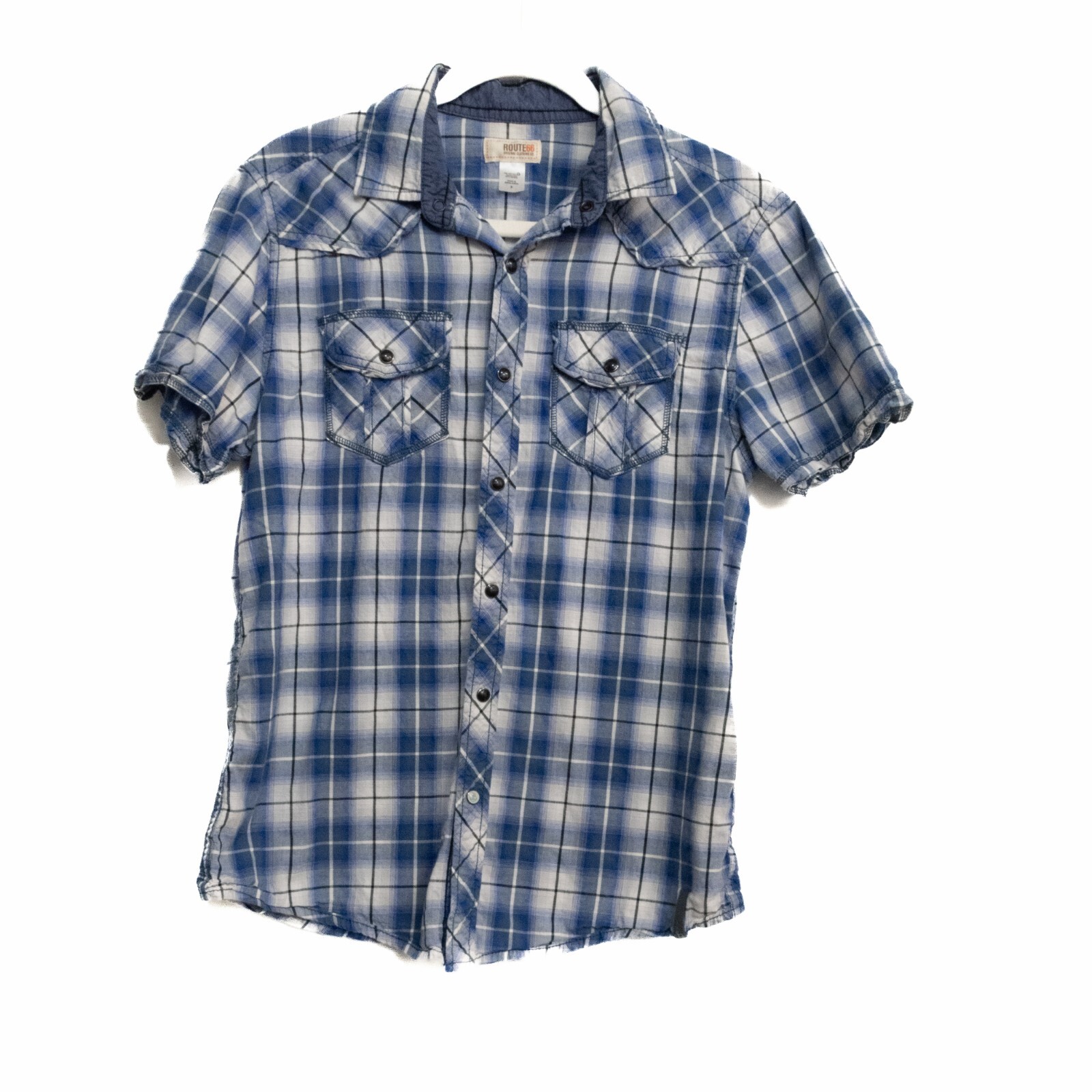 Route 66 Mens Blue White Shirt Cotton Plaid Button Up Route 66 Mens Blue White Shirt Cotton Plaid Button Up