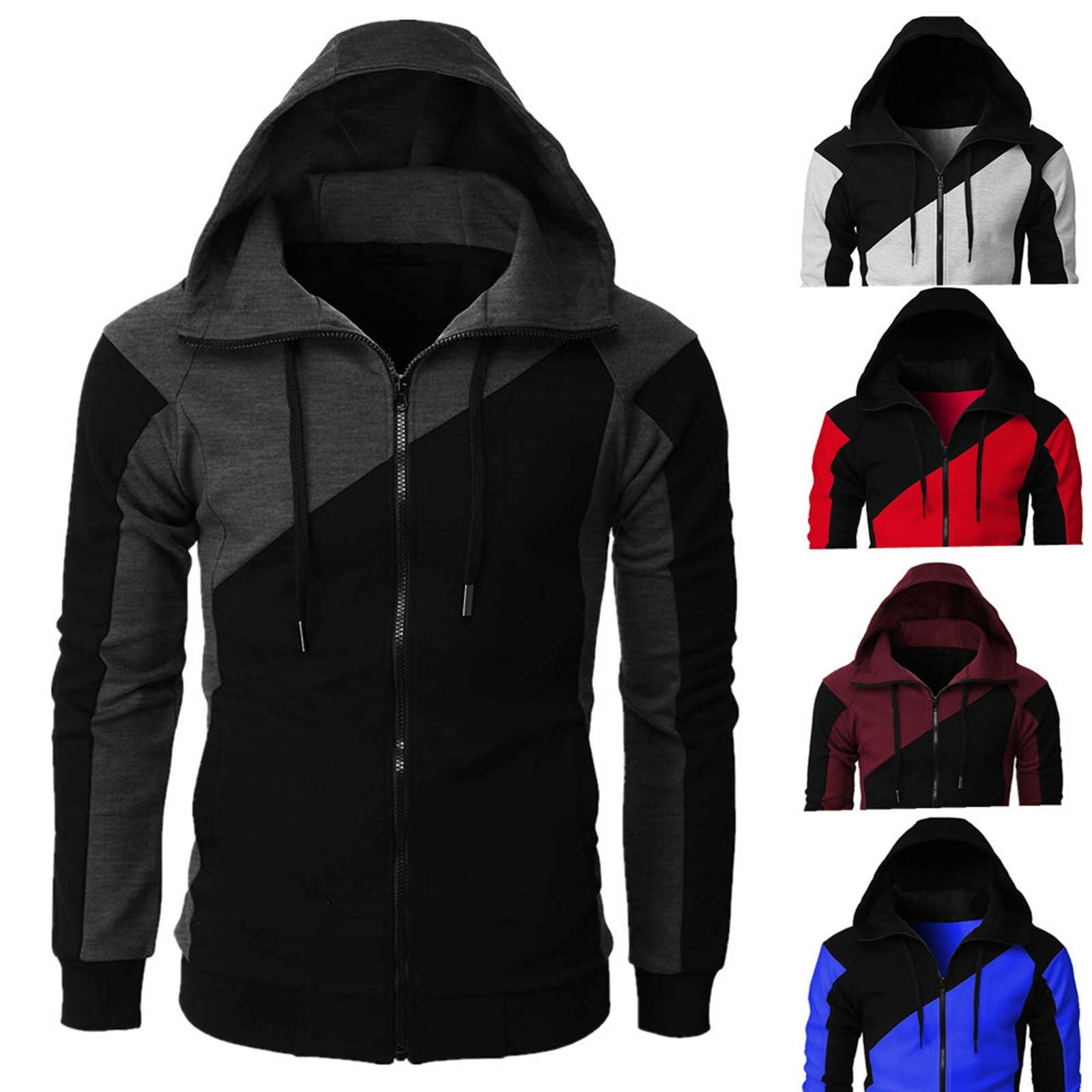 Mens Casual Zipper Hoodie Splicing Large Size Sweater Jacket Winter ...