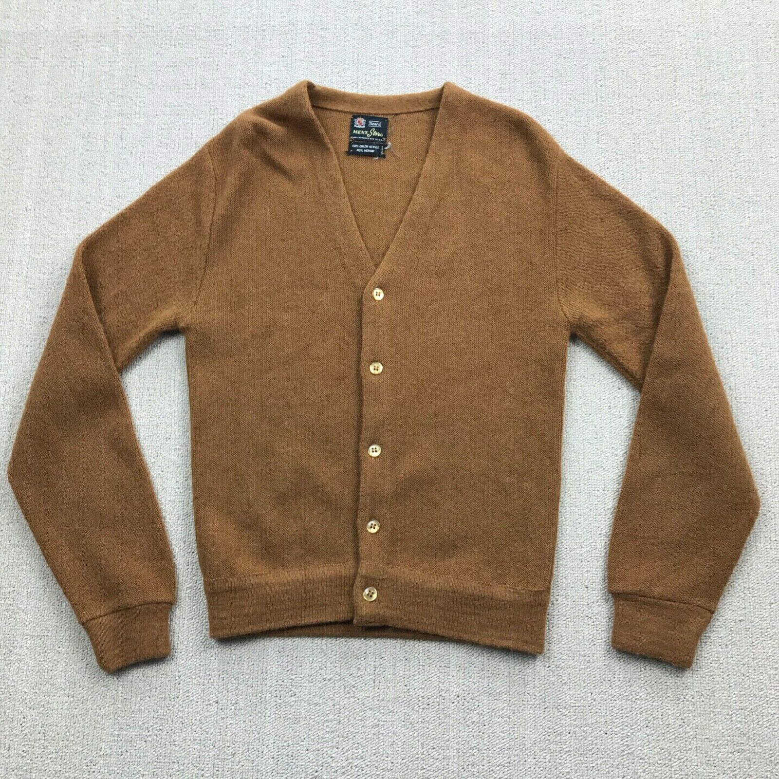 VINTAGE Sears Cardigan Sweater Mens Small Brown Mohair Blend VINTAGE Sears Cardigan Sweater Mens Small Brown Mohair Blend
