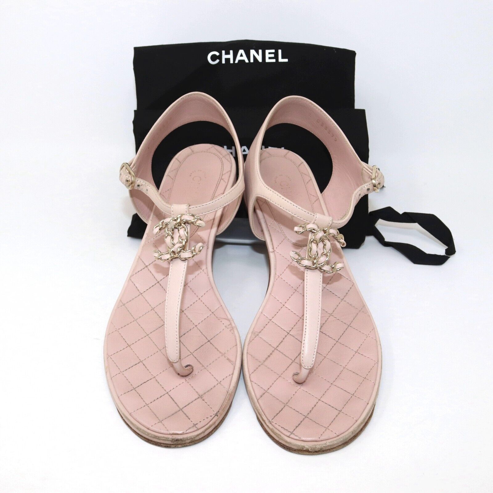 Chanel 38 Quilted Logo Baby Pink T Strap Thong Sandals Chain Chanel 38 Quilted Logo Baby Pink T Strap Thong Sandals Chain