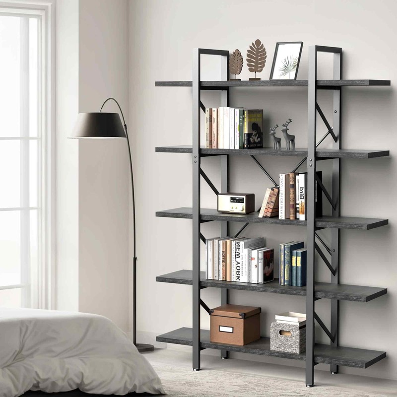 5 Tier Bookshelf Industrial Wood Bookcase Ladder Shelf