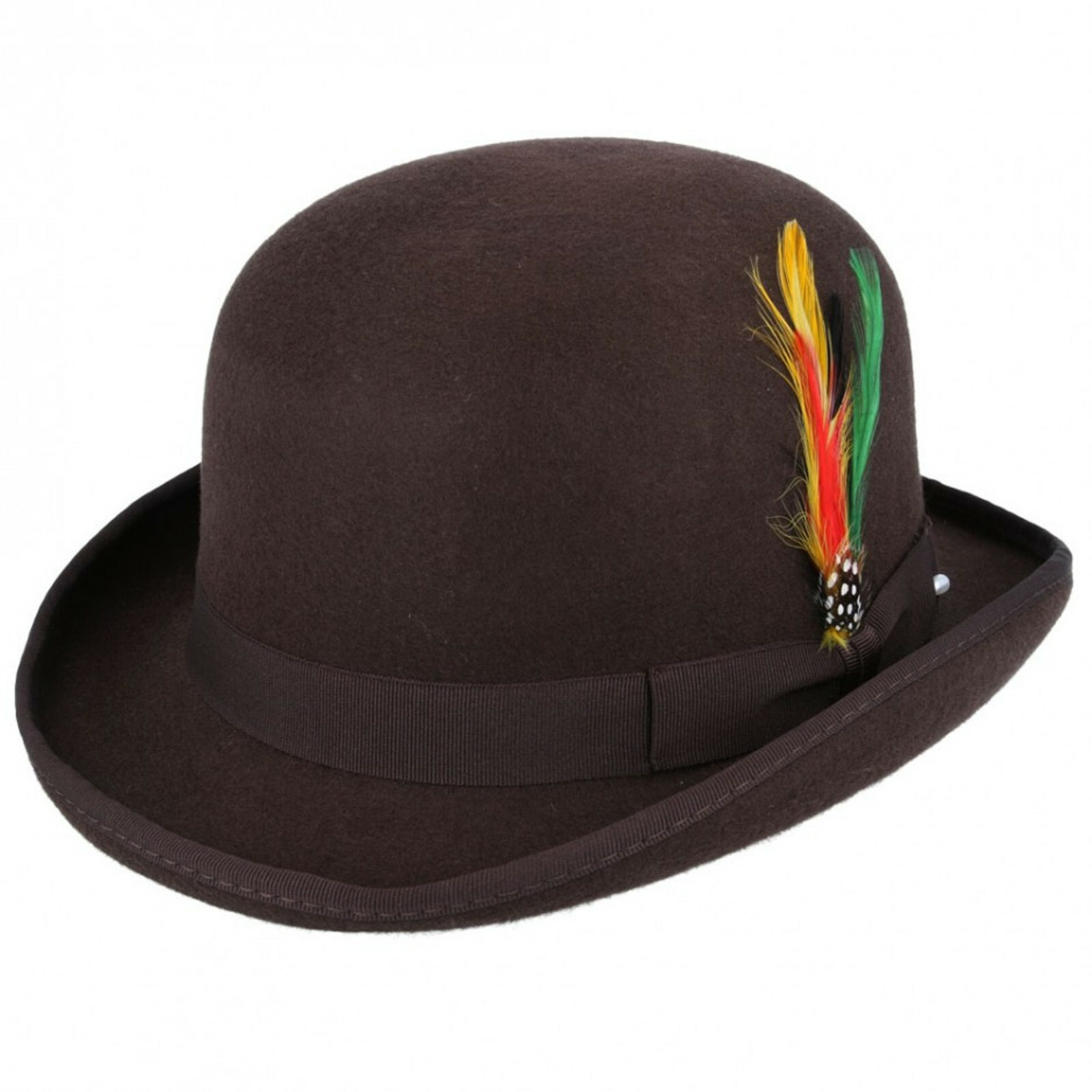 Brown 100% Wool Bowler Hat High Quality with Removable Feather Satin ...