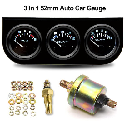 2'' 52mm Chrome Car Triple Gauge Kit Oil Pressure Water Temp Voltmeter ...