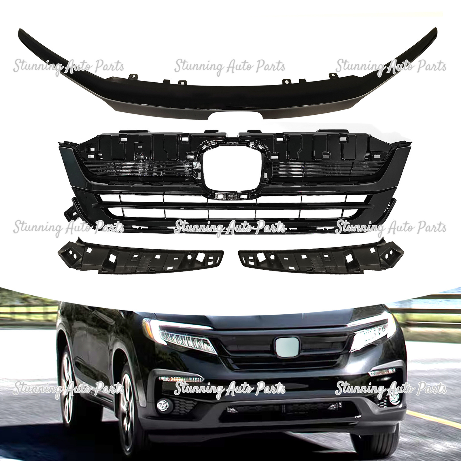 For 2019-2022 Honda Pilot Front Bumper Upper Grille Glossy Black w/Grill TrimのeBay公認海外通販｜セカイモン