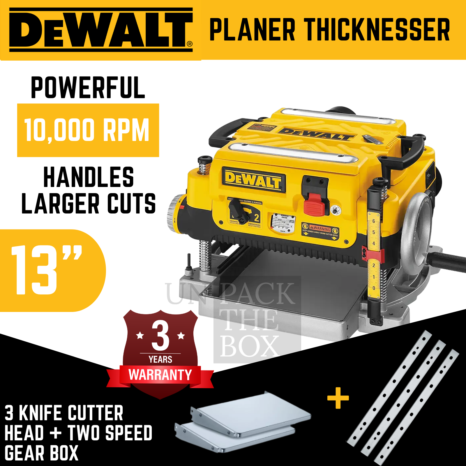 DeWALT Planer Thicknesser Handles Larger Cut Accurate 1800W 3 Blade 13 DW735 XE