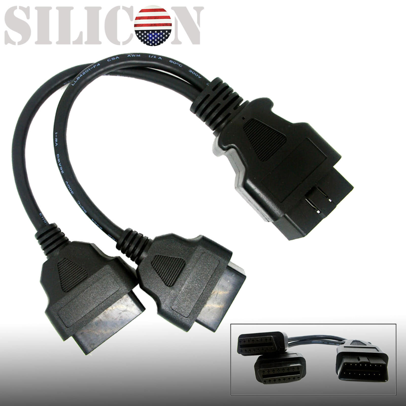 30cm Obd2 Obdii Male To Dual Female Y Plug Cable With 16 Pin Socket ...
