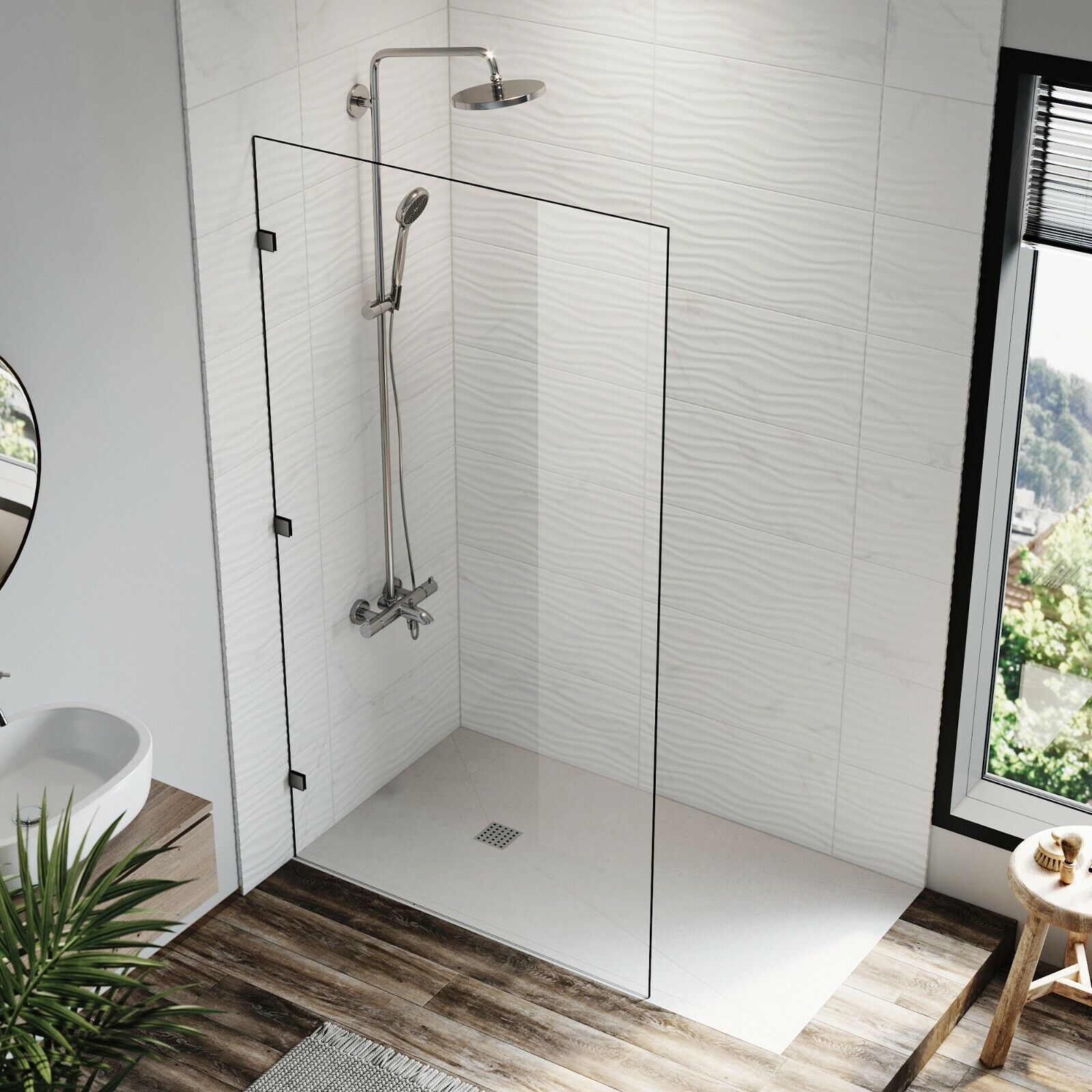 Black Frameless Shower Screen Walk In Shower Door Fixed Panel 800 ... Black Frameless Shower Screen Walk In Shower Door Fixed Panel 800 ...