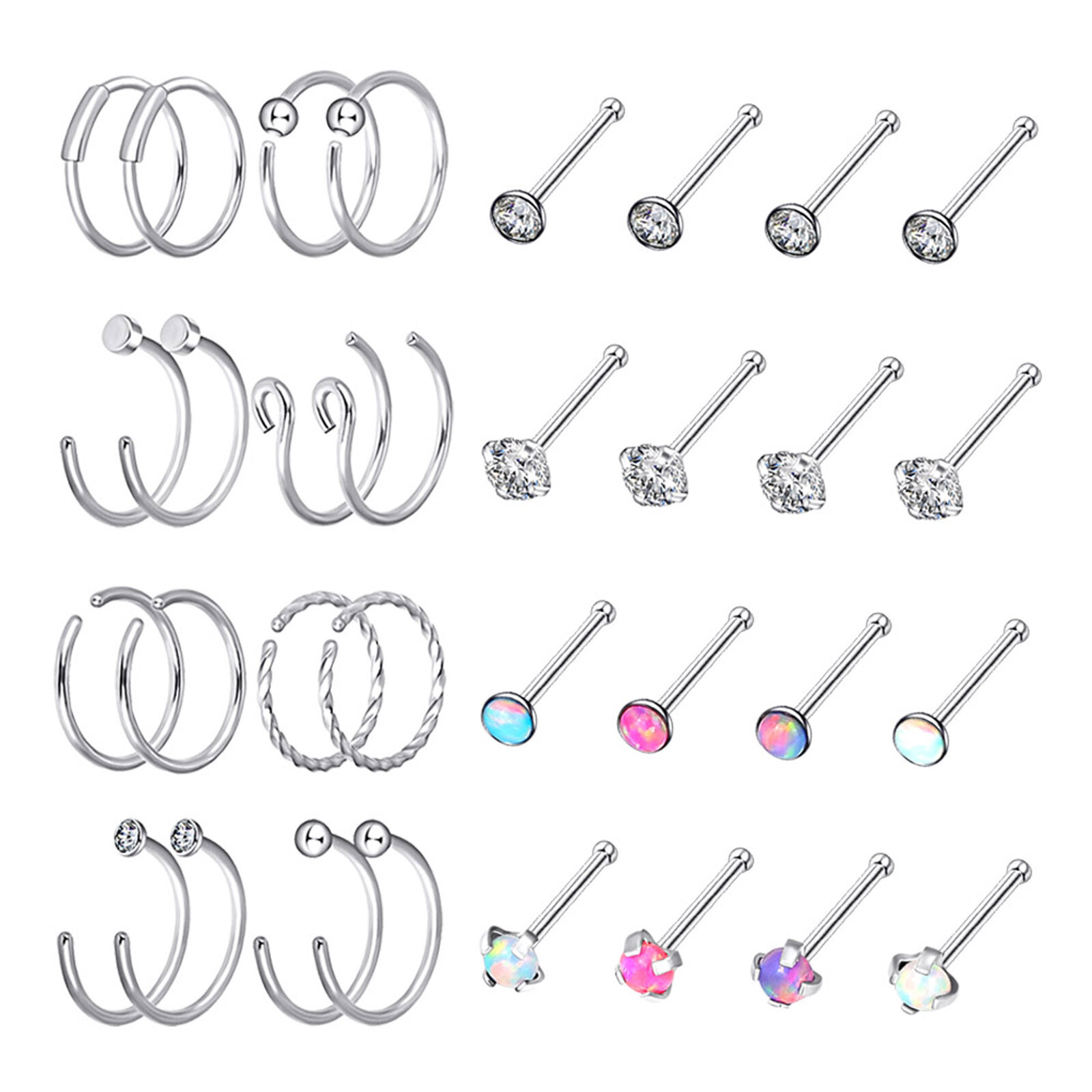16Pc Nose Ring Hoop Screw Septum Ring C-Shape Nostril Pin Bone Stud ...