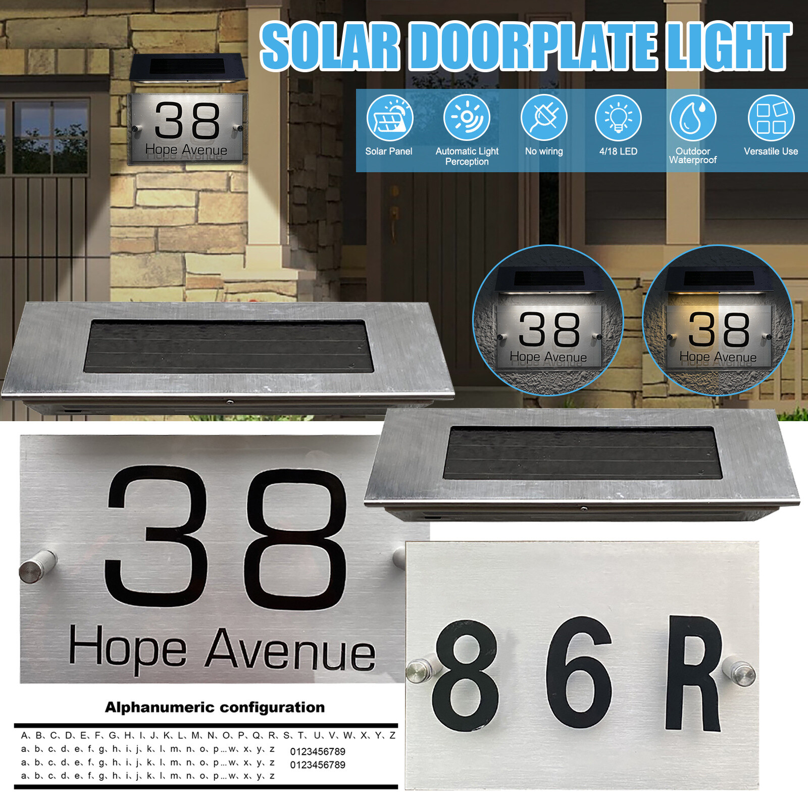 Solar Light LED House Signs Frosted Plaques Door