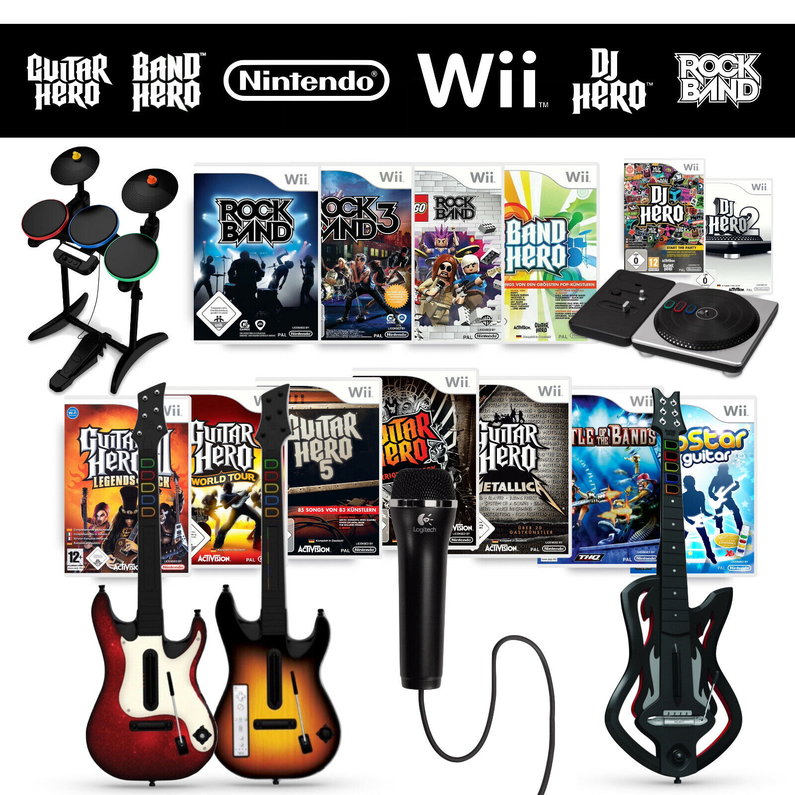 Nintendo Wii BAND Party Spiele Gitarre und Mikro Micro Auswahl