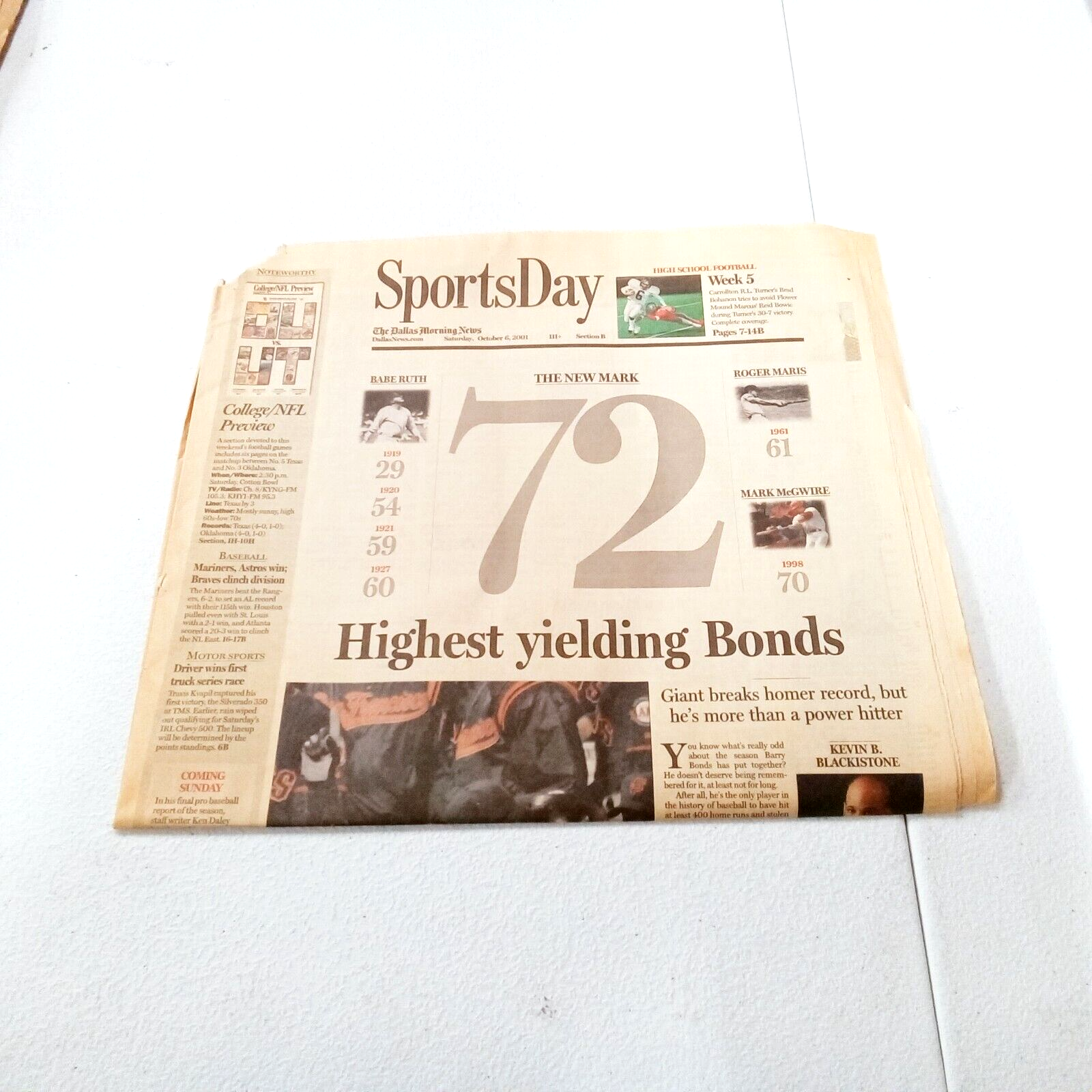 Dallas Morning News Sports Day Oct. 6 2001 Barry Bonds Home Run Record