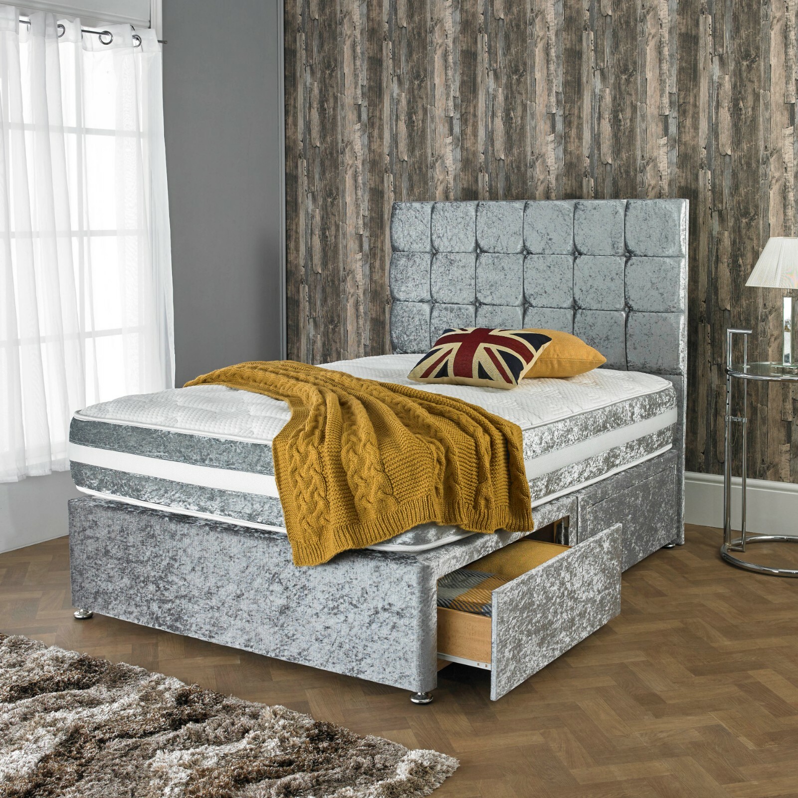 NEW CRUSHED VELVET DIVAN BED WITH MATCHING MATTRESS AND FREE 20 HEADBOARD