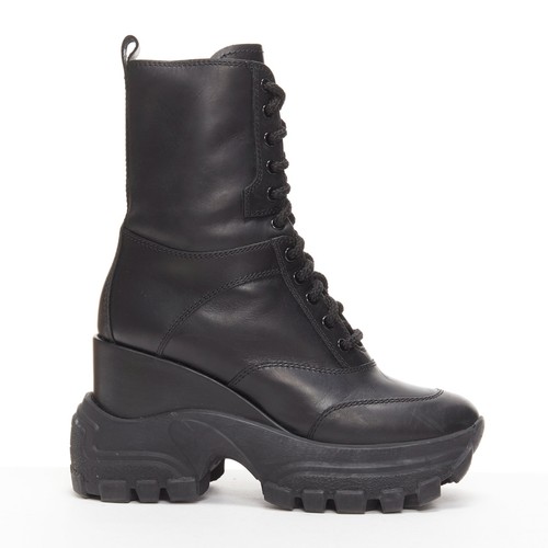 MIU MIU Runway black leather logo lace up chunky wedged MIU MIU Runway black leather logo lace up chunky wedged