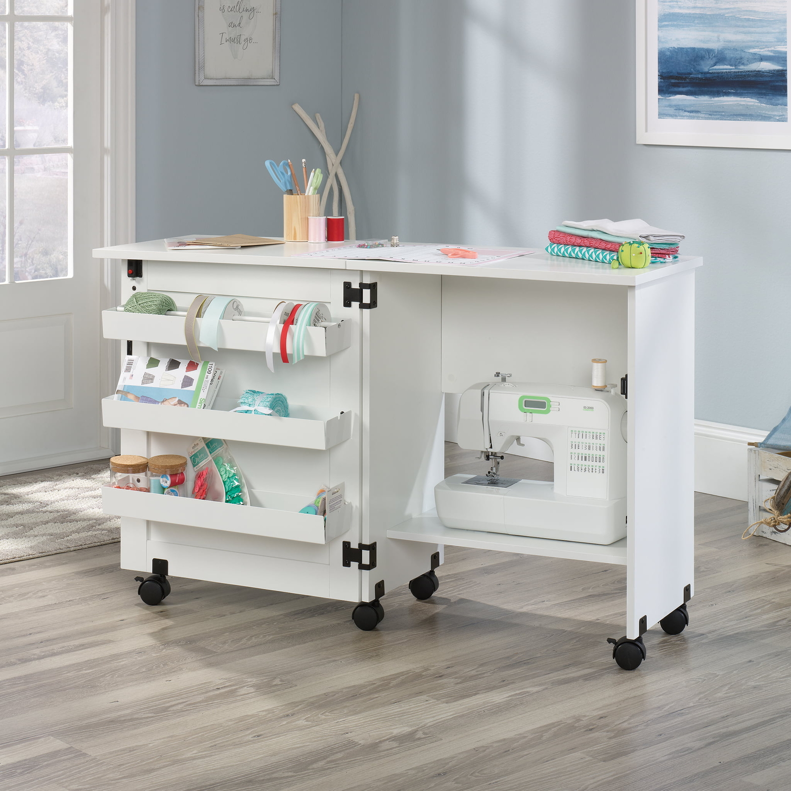 Rolling Sewing Table Workstation Shelves Storage Cabinet Craft