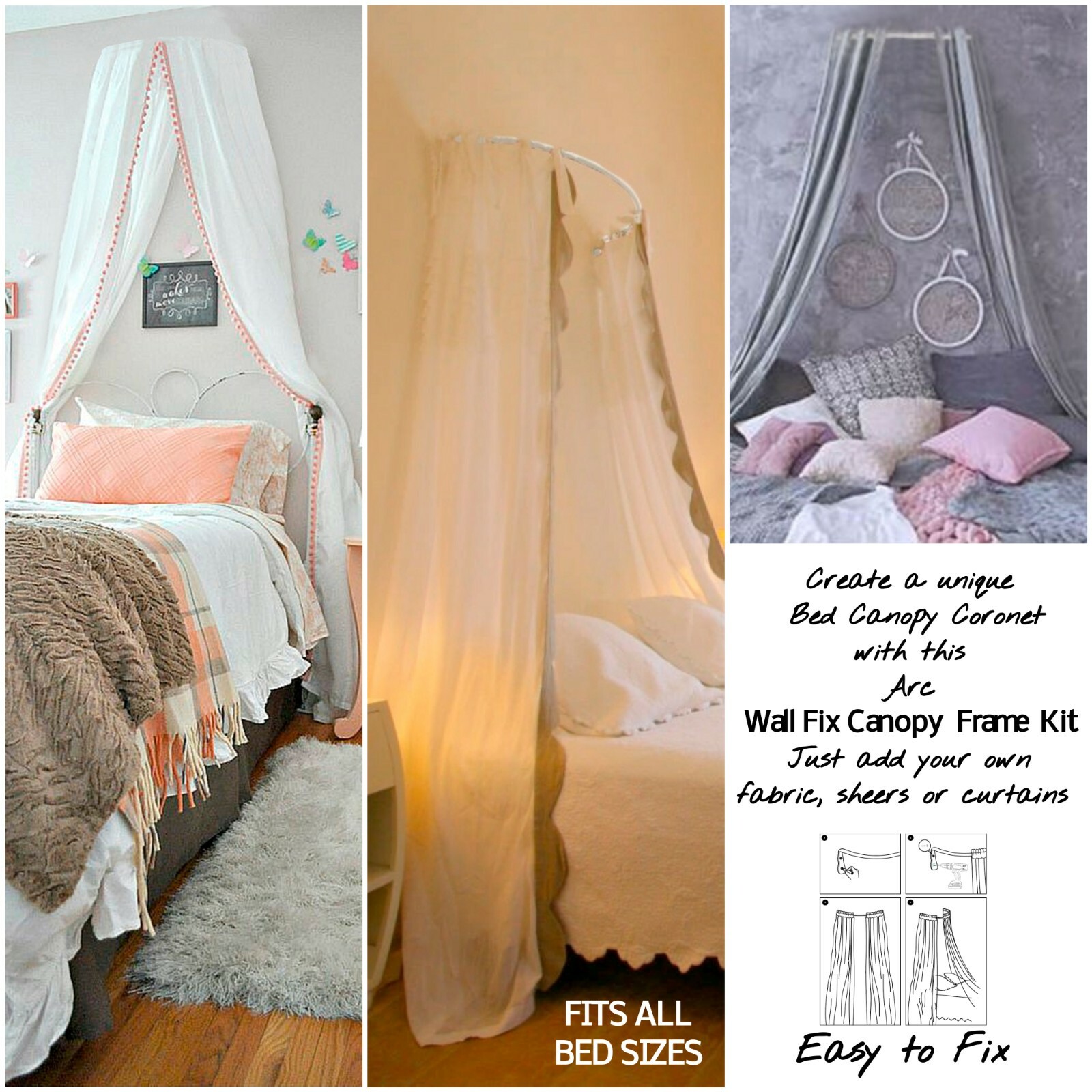 Bed Canopy Crown Coronet Kit Curved Wall Fix Frame for ALL beds Adults Kids