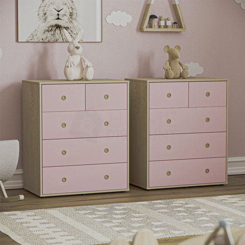 Chest of Drawers 5 Drawer Chest Bedroom Furniture Storage Pink Oak Set of 2