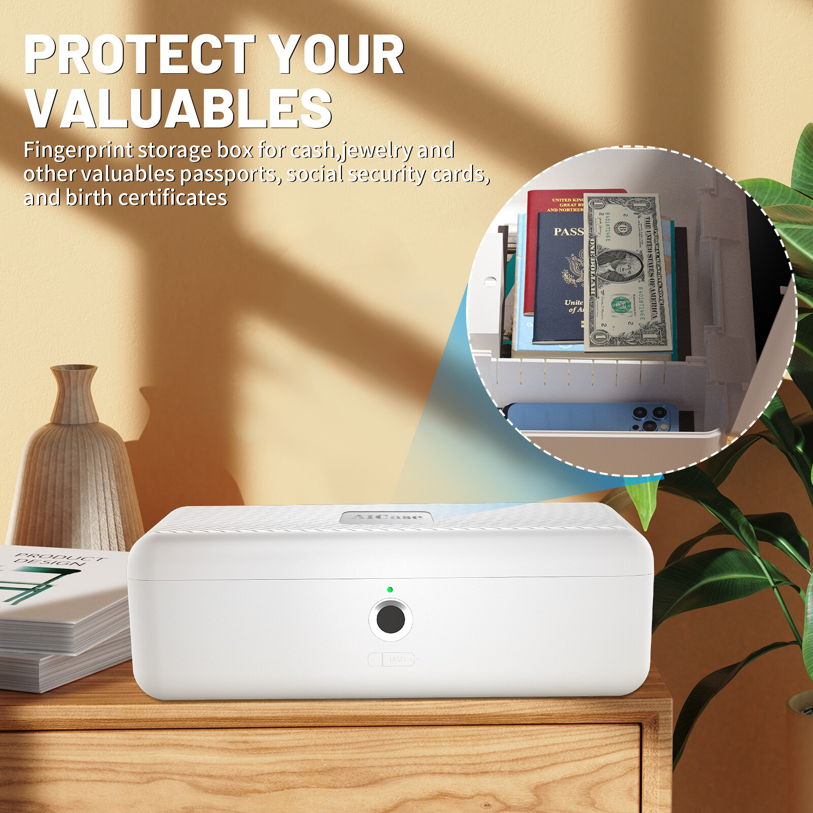 Biometric Fingerprint Storage Box Portable Cash Jewelry Phone Security ...